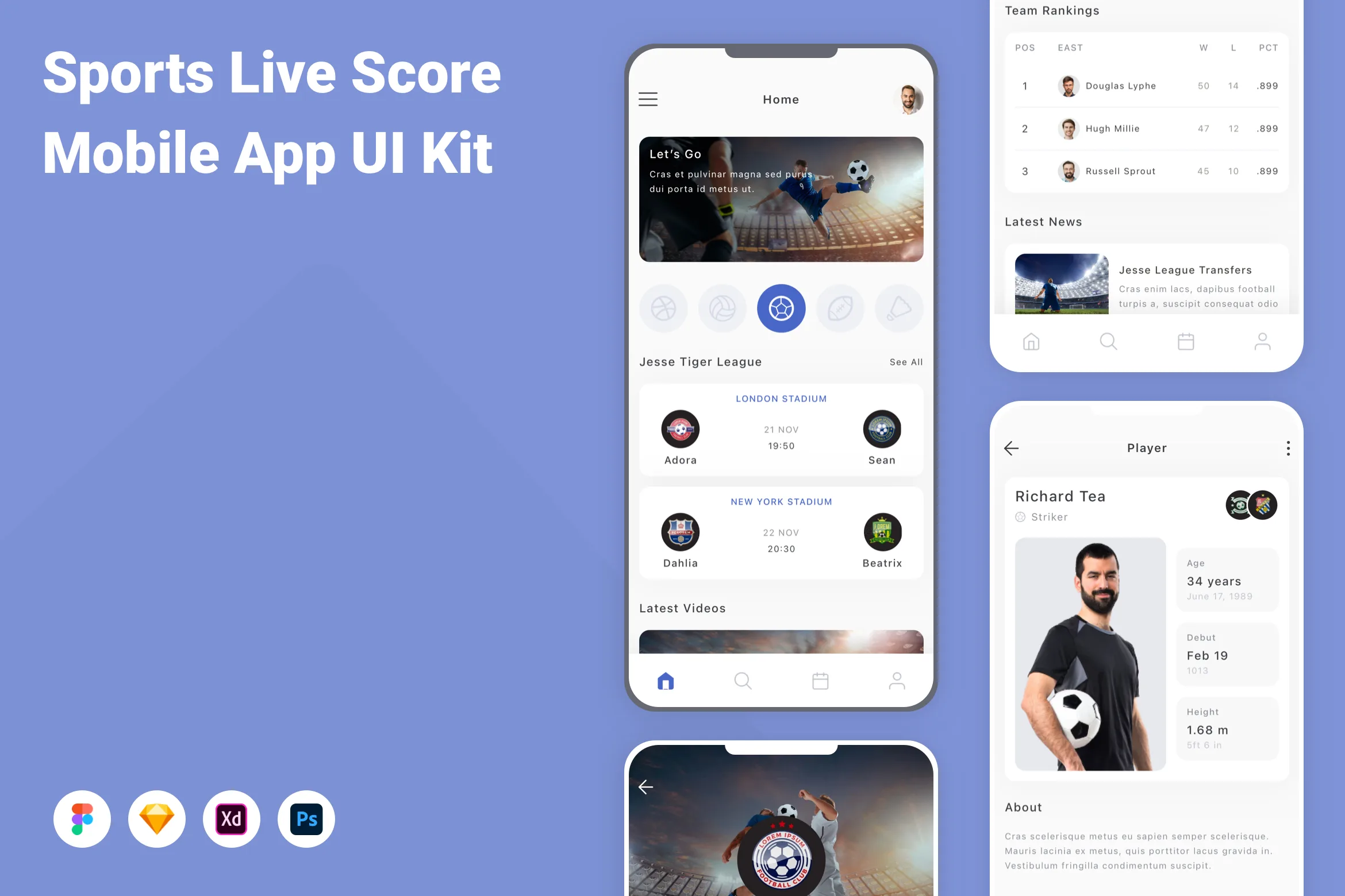 Sports Live Score Mobile App UI Kit for Figma, Sketch & XD | UIworkshop