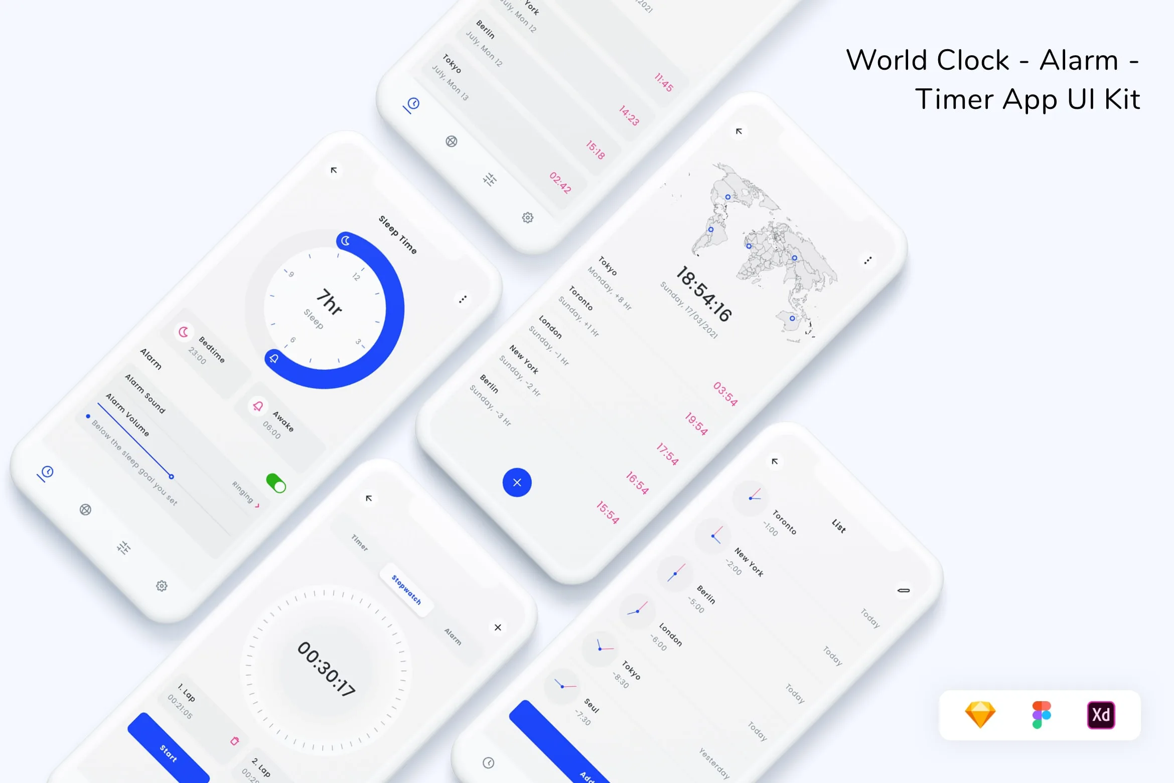 World Clock - Alarm - Timer App UI Kit for Figma, Sketch & XD | UIworkshop