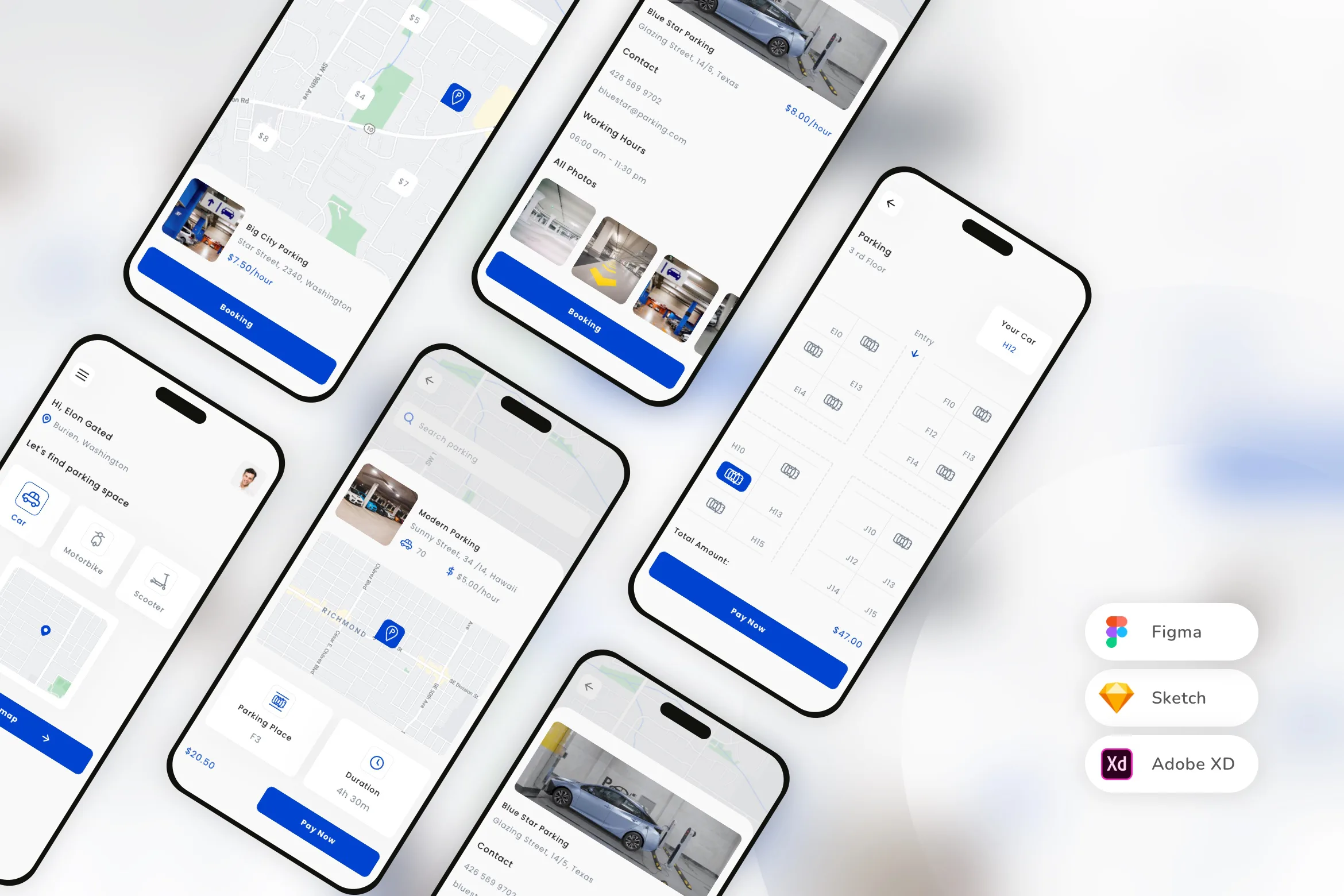 Parking Space Finder Mobile App UI Kit for Figma, Sketch & XD | UIworkshop