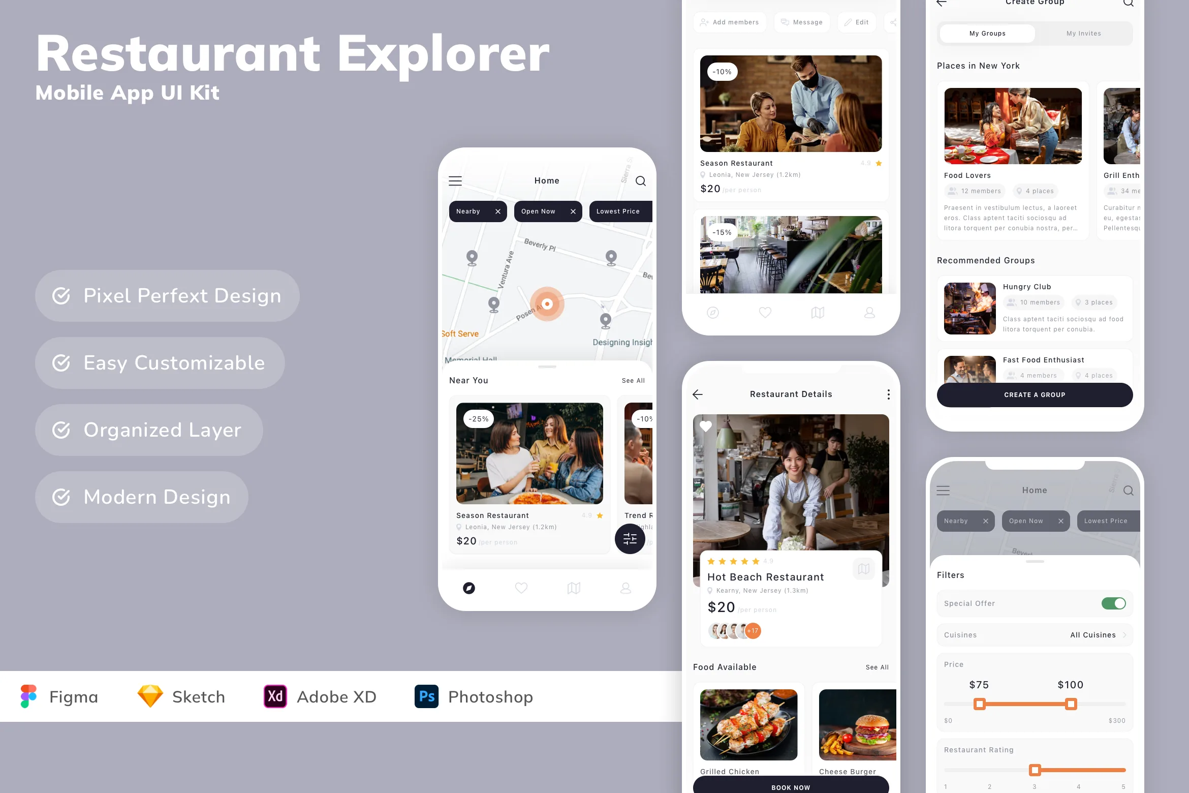 Restaurant Explorer Mobile App UI Kit for Figma, Sketch & XD | UIworkshop