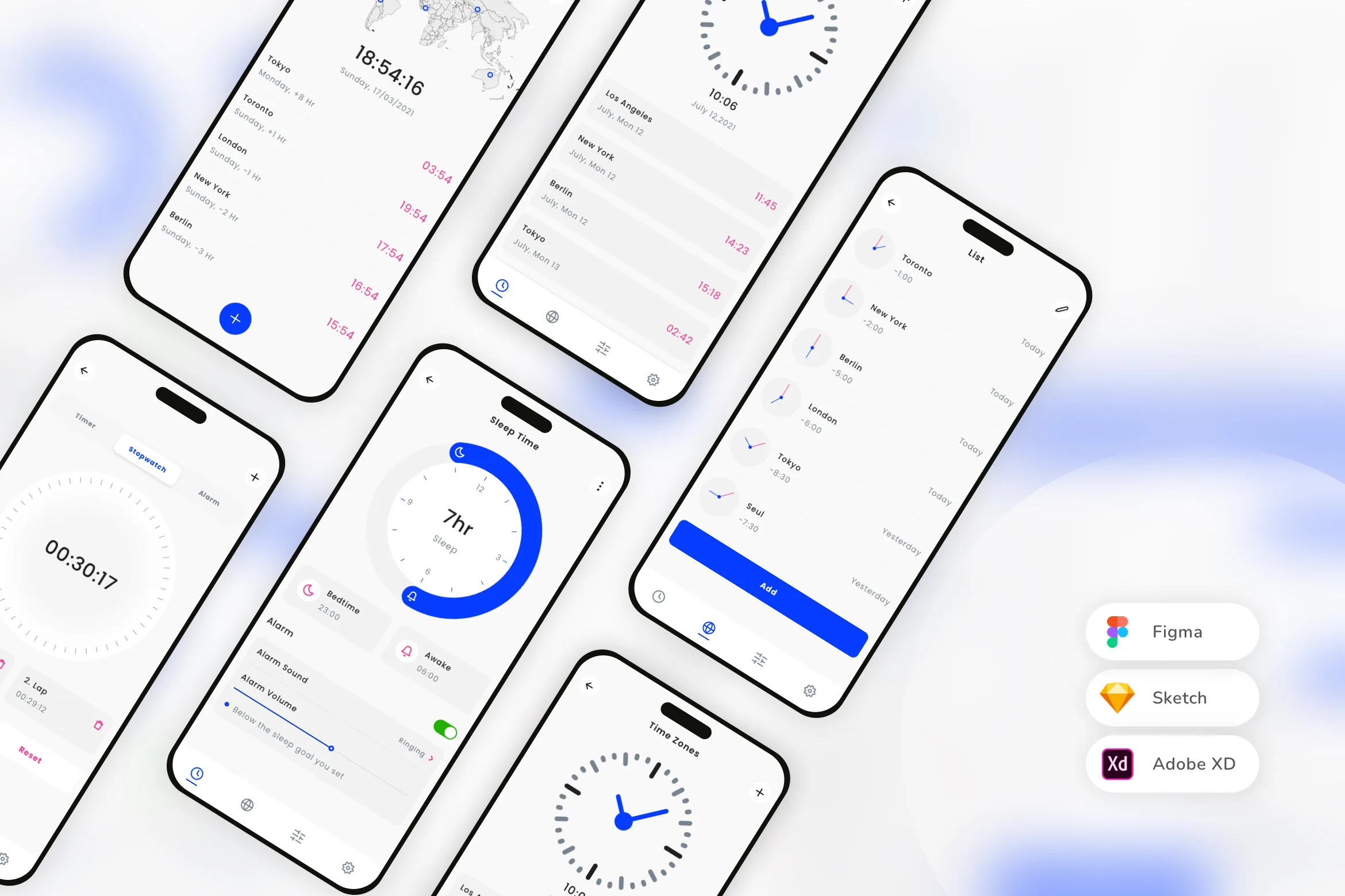 World Clock - Alarm - Timer Mobile App UI Kit for Figma, Sketch & XD ...