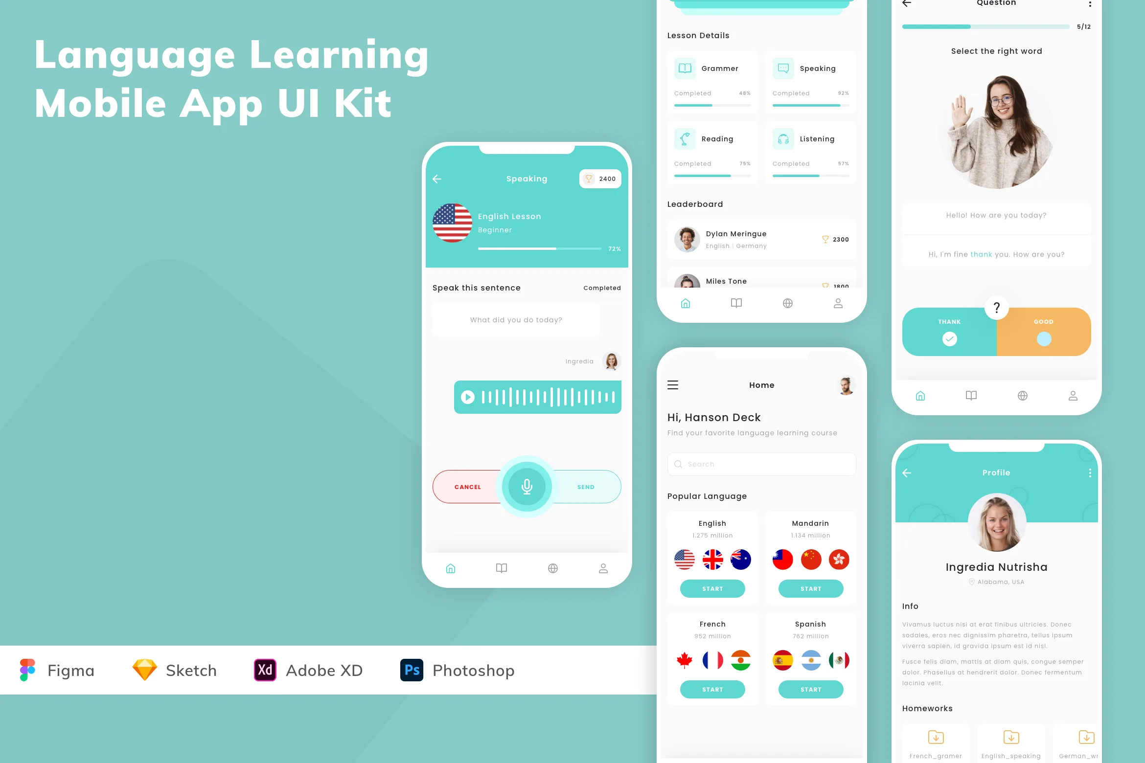 Language Learning Mobile App UI Kit for Figma, Sketch & XD | UIworkshop