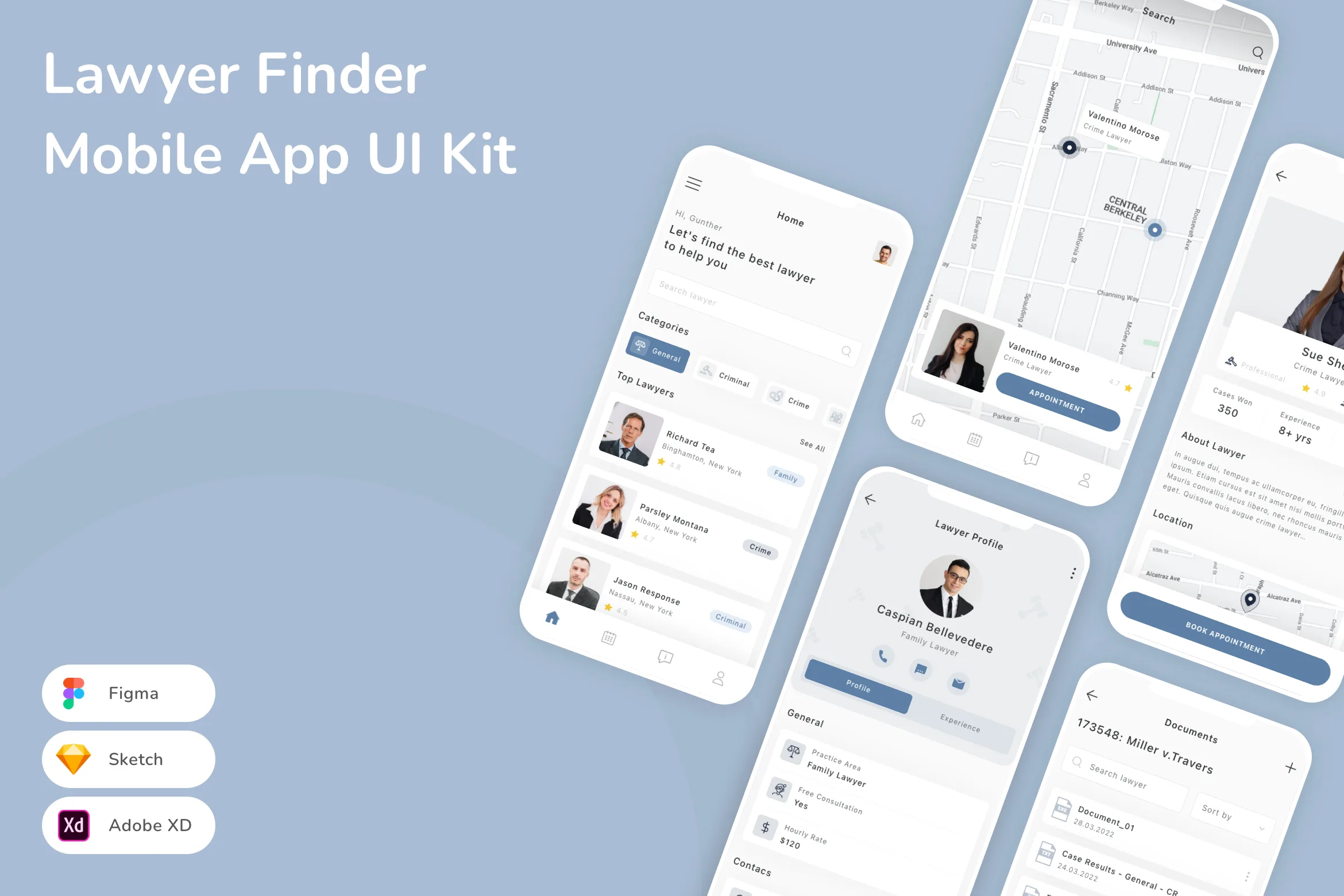 Lawyer Finder Mobile App UI Kit for Figma, Sketch & XD | UIworkshop