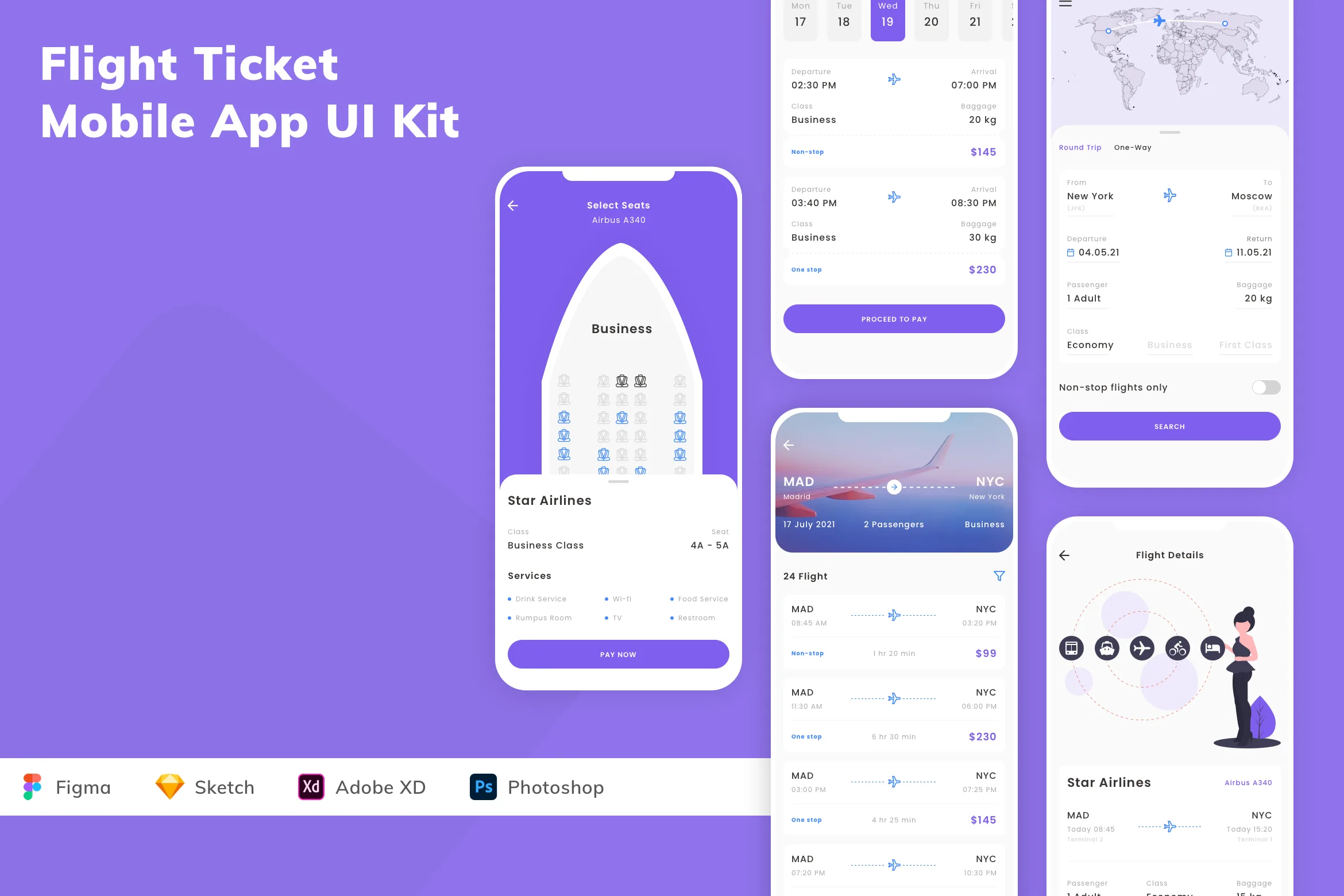 Flight Ticket Mobile App UI Kit for Figma, Sketch & XD | UIworkshop