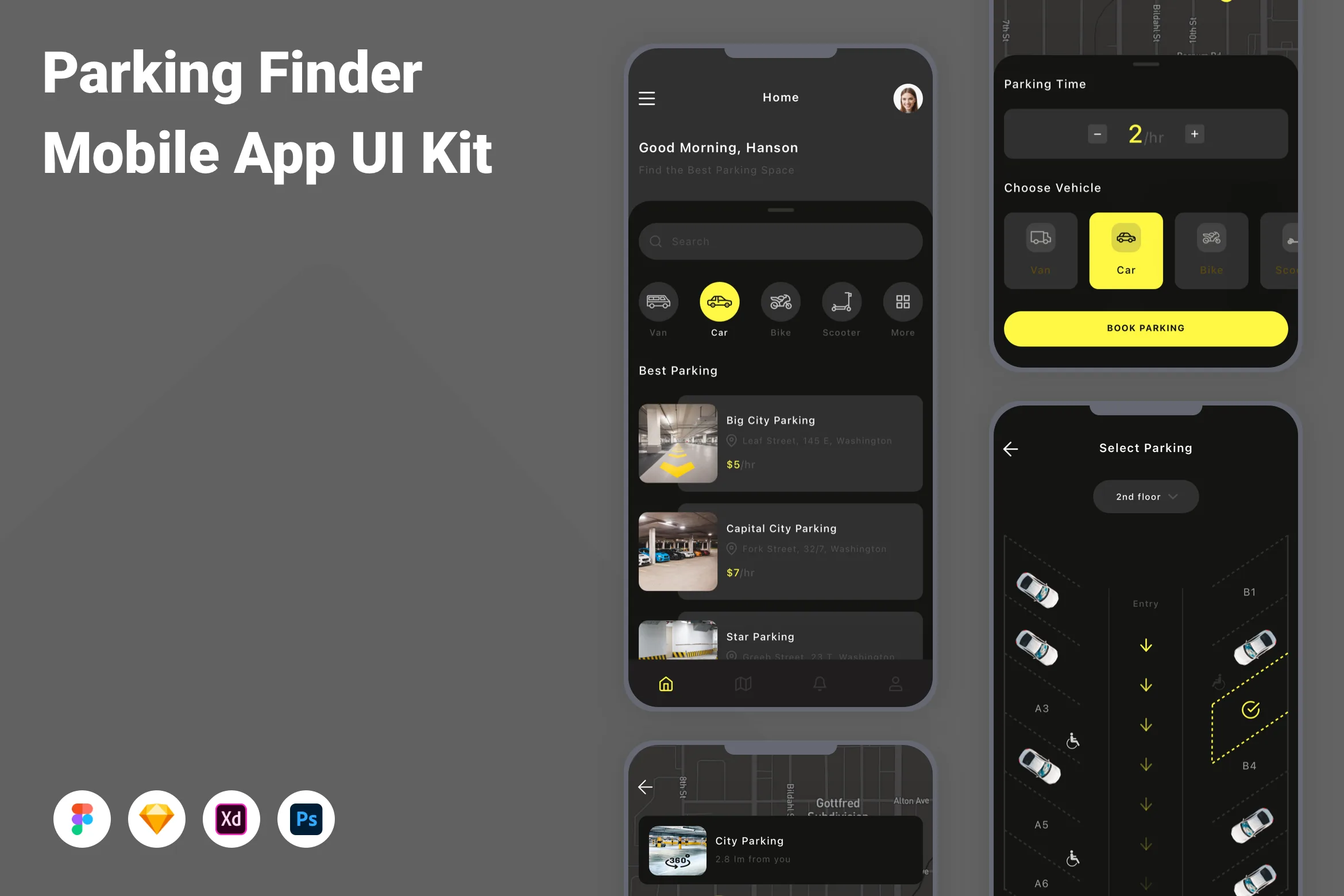 Parking Finder Mobile App UI Kit for Figma, Sketch & XD | UIworkshop