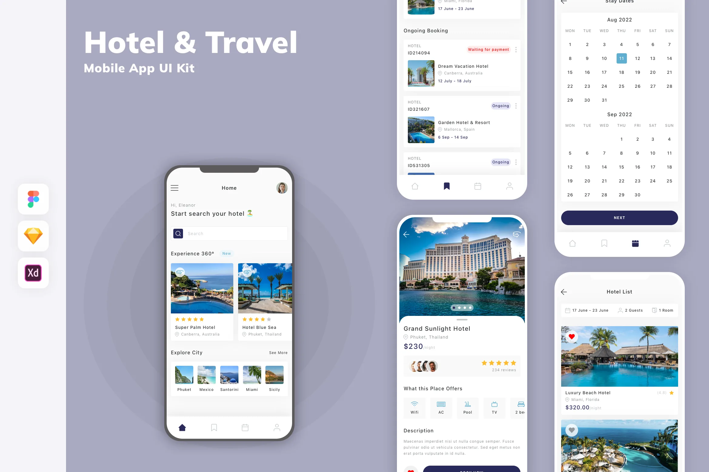Hotel & Travel Mobile App UI Kit for Figma, Sketch & XD | UIworkshop