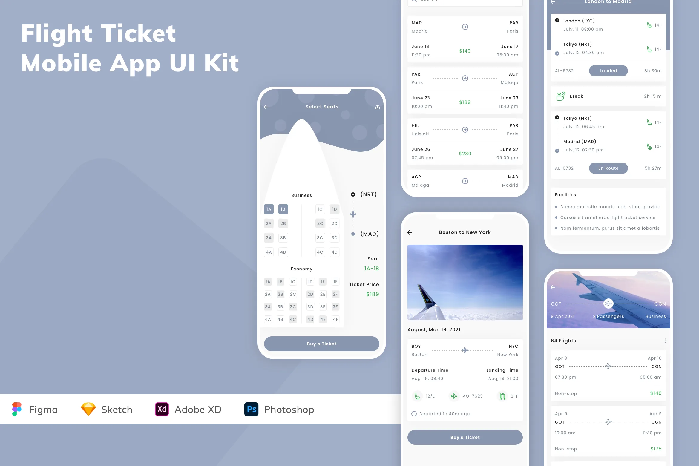 Flight Ticket Mobile App UI Kit for Figma, Sketch & XD | UIworkshop