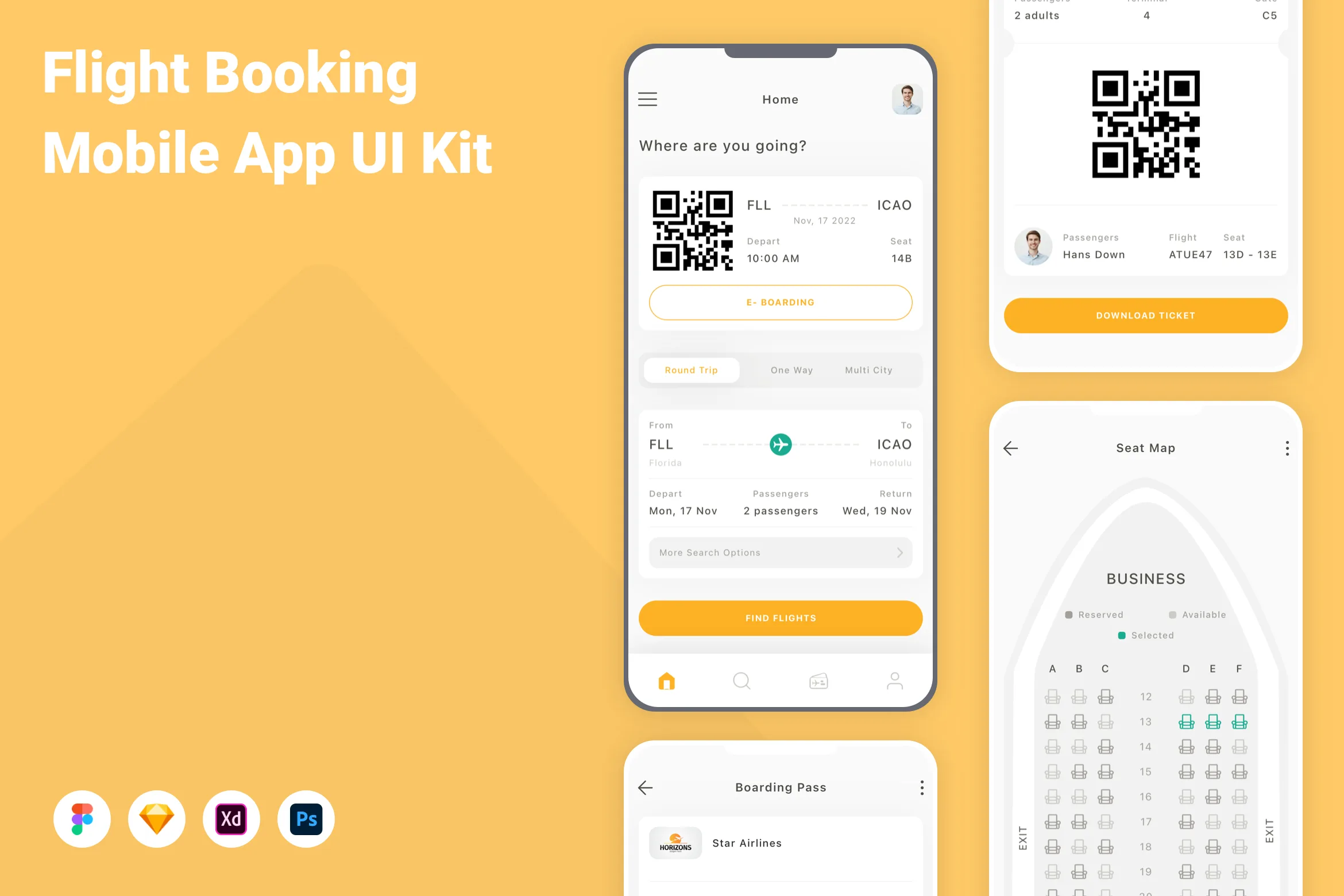 Flight Booking Mobile App UI Kit for Figma, Sketch & XD | UIworkshop