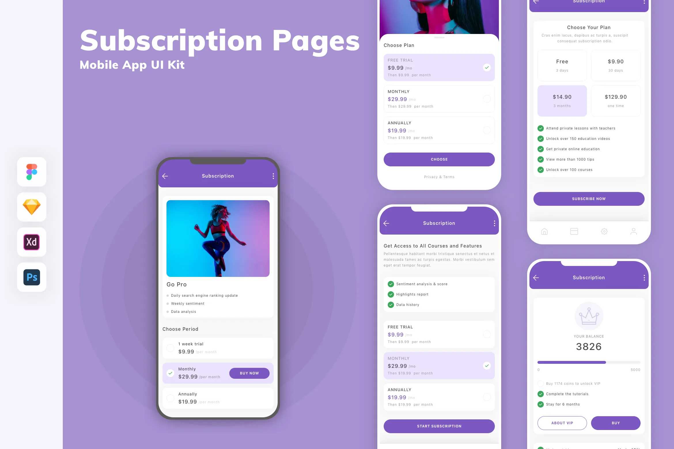 Subscription Pages Mobile App UI Kit for Figma, Sketch & XD | UIworkshop