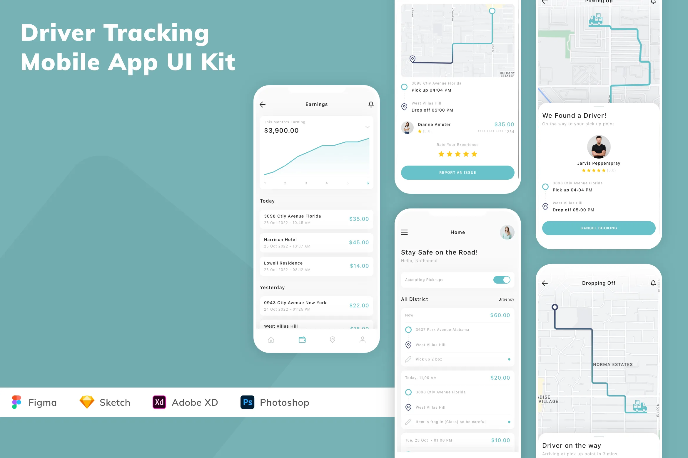 Driver Tracking Mobile App UI Kit for Figma, Sketch & XD | UIworkshop