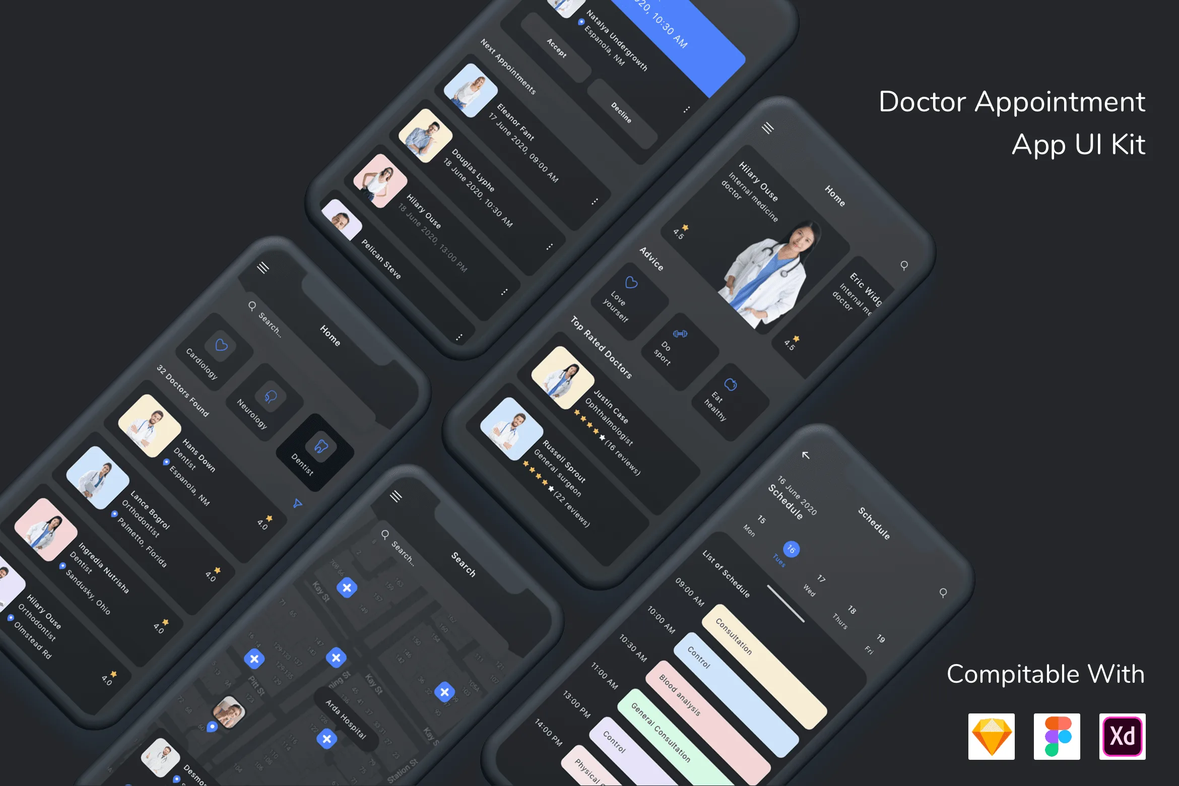 Doctor Appointment App UI Kit Dark Mode for Figma, Sketch & XD | UIworkshop