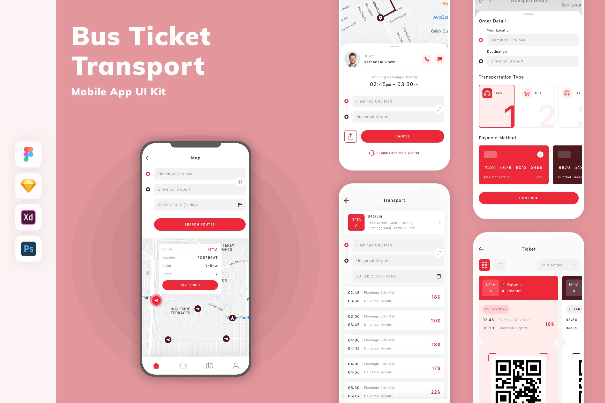 Bus Ticket & Transport Mobile App UI Kit for Figma, Sketch & XD ...