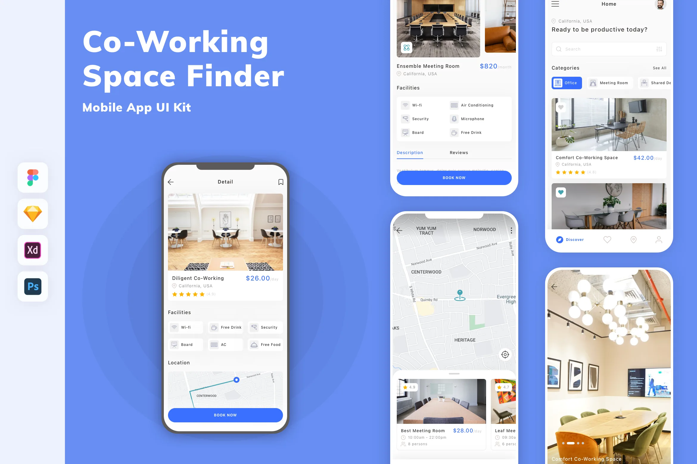 Co-Working Space Finder Mobile App UI Kit for Figma, Sketch & XD ...