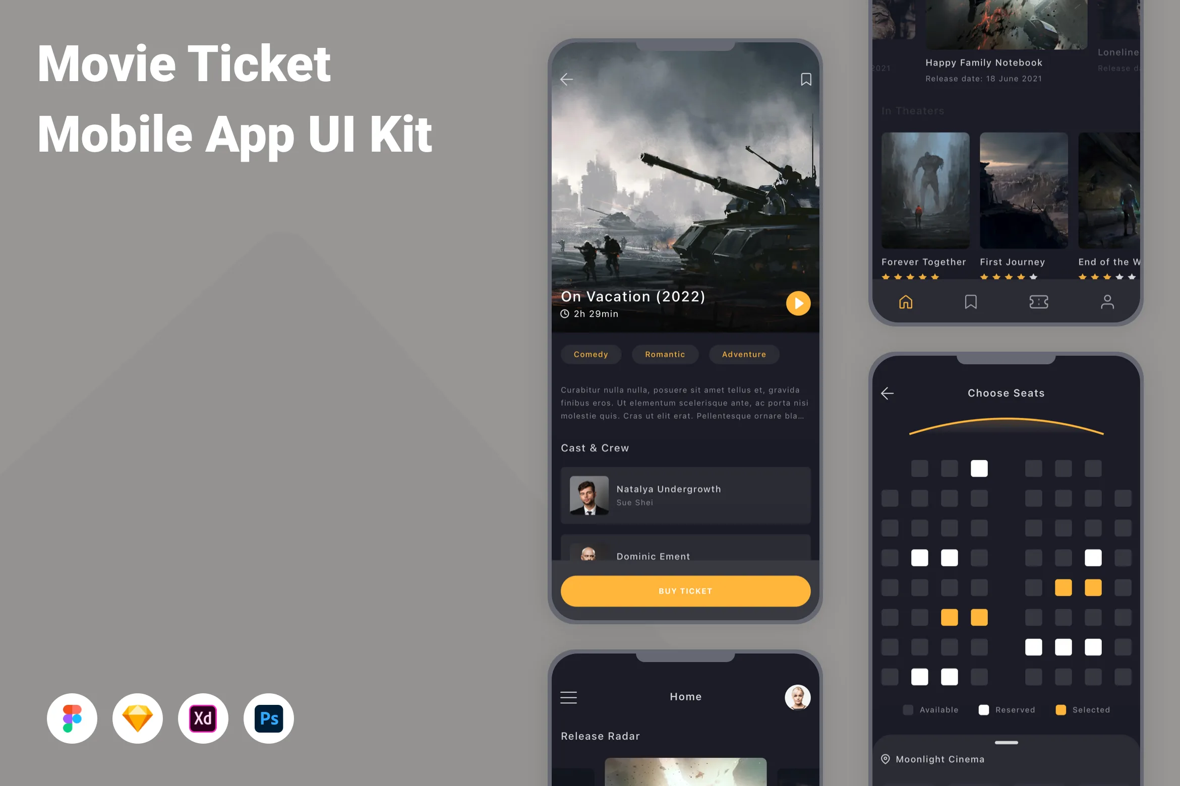 Movie Ticket Mobile App UI Kit for Figma, Sketch & XD | UIworkshop
