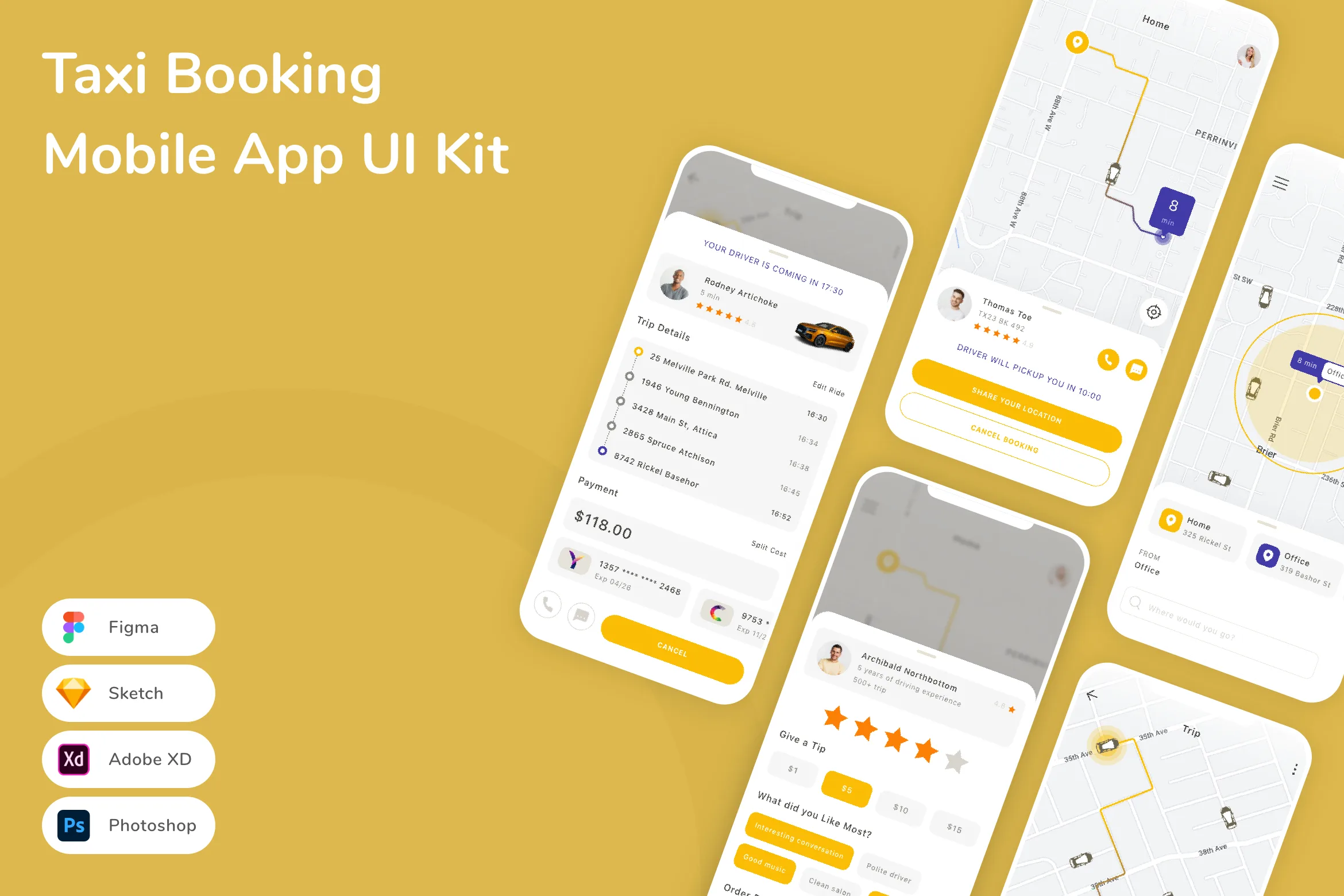 Taxi Booking Mobile App UI Kit for Figma, Sketch & XD | UIworkshop
