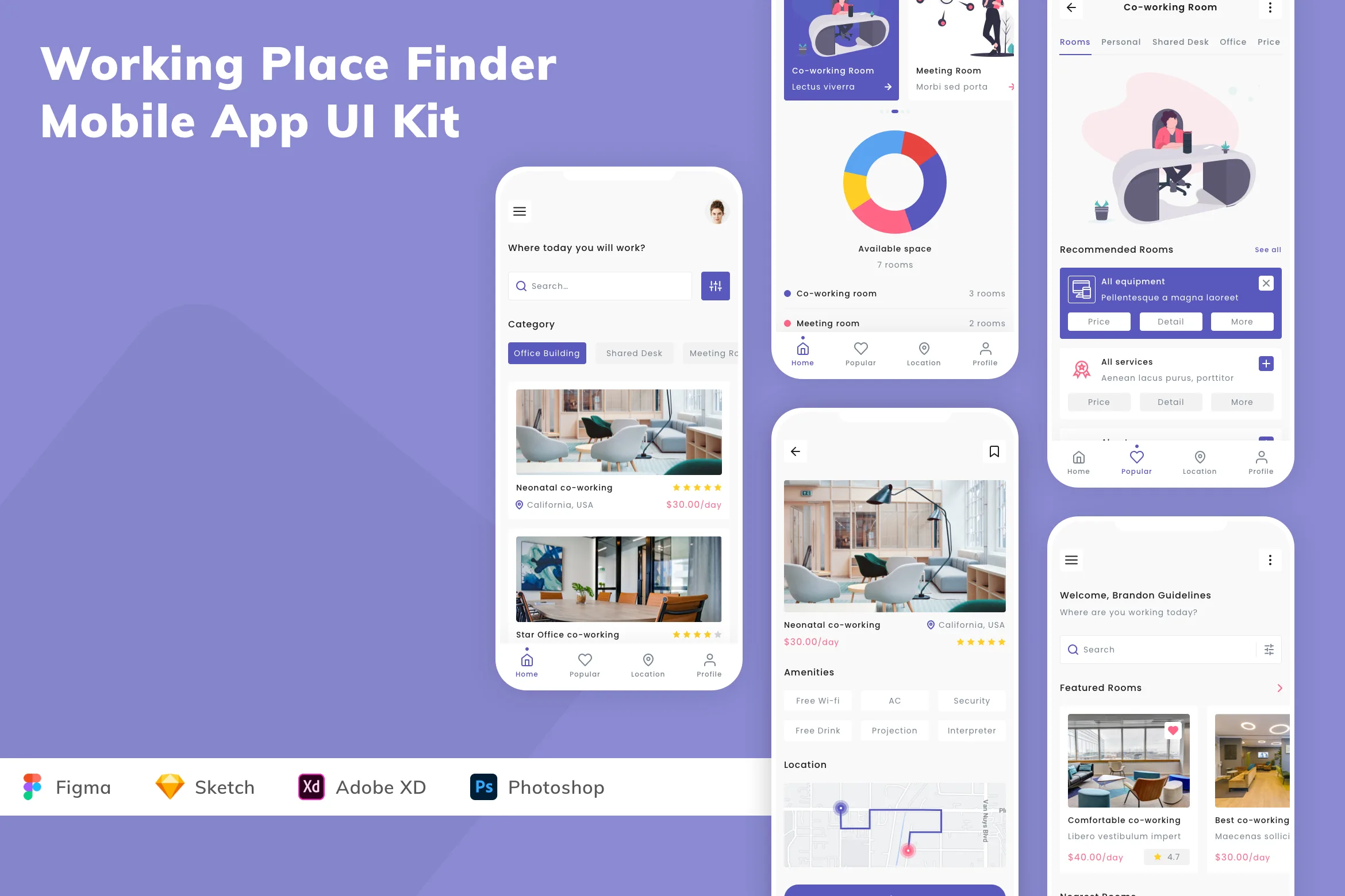 Working Place Finder Mobile App UI Kit for Figma, Sketch & XD | UIworkshop