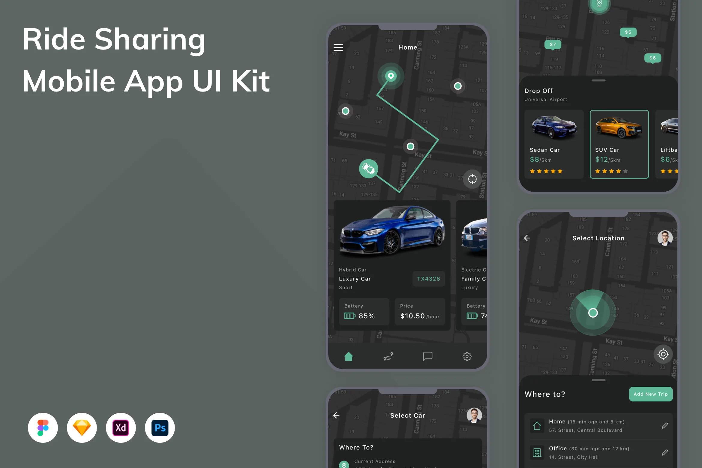 Ride Sharing Mobile App UI Kit for Figma, Sketch & XD | UIworkshop