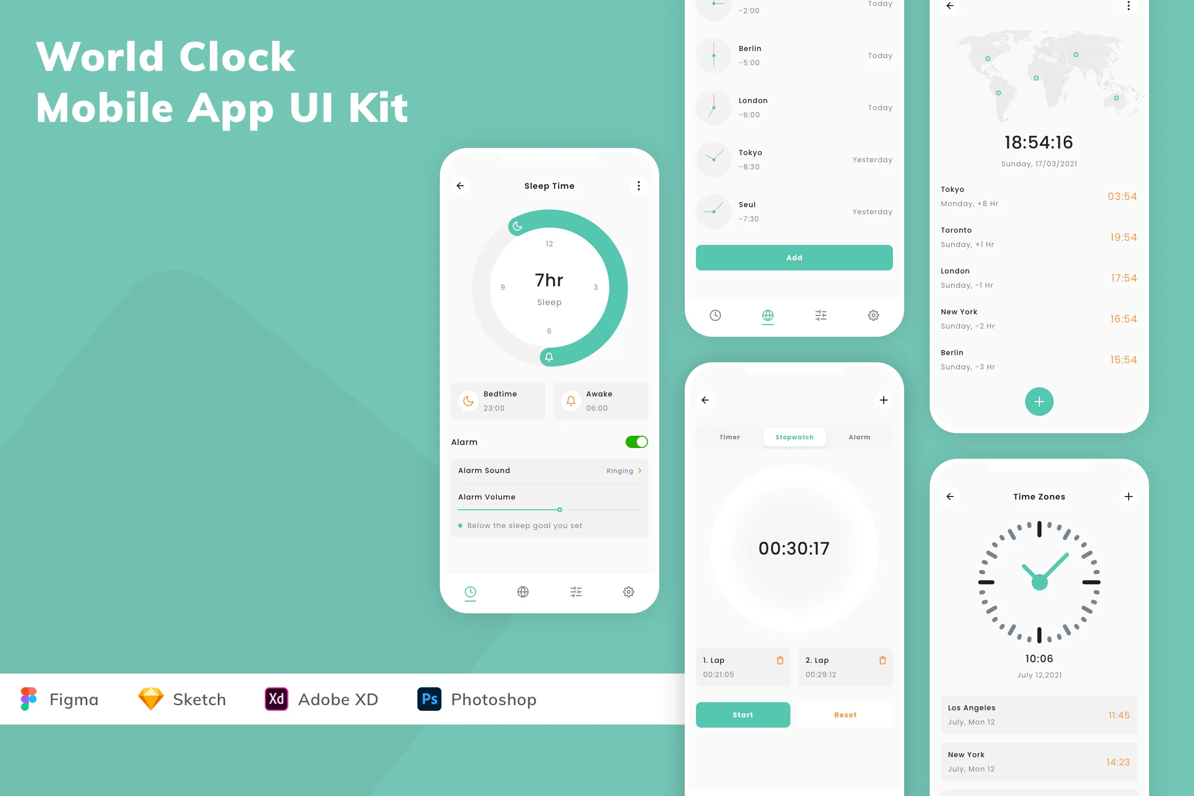 World Clock Mobile App UI Kit for Figma, Sketch & XD | UIworkshop