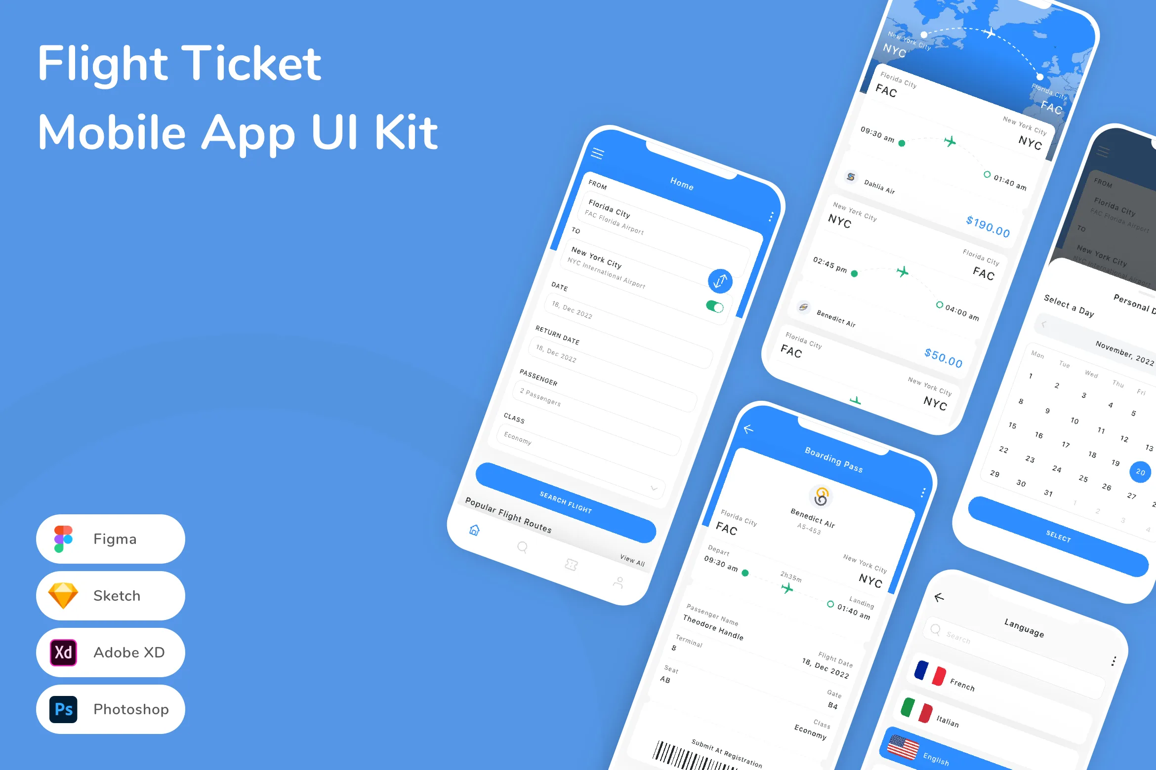 Flight Ticket Mobile App UI Kit for Figma, Sketch & XD | UIworkshop