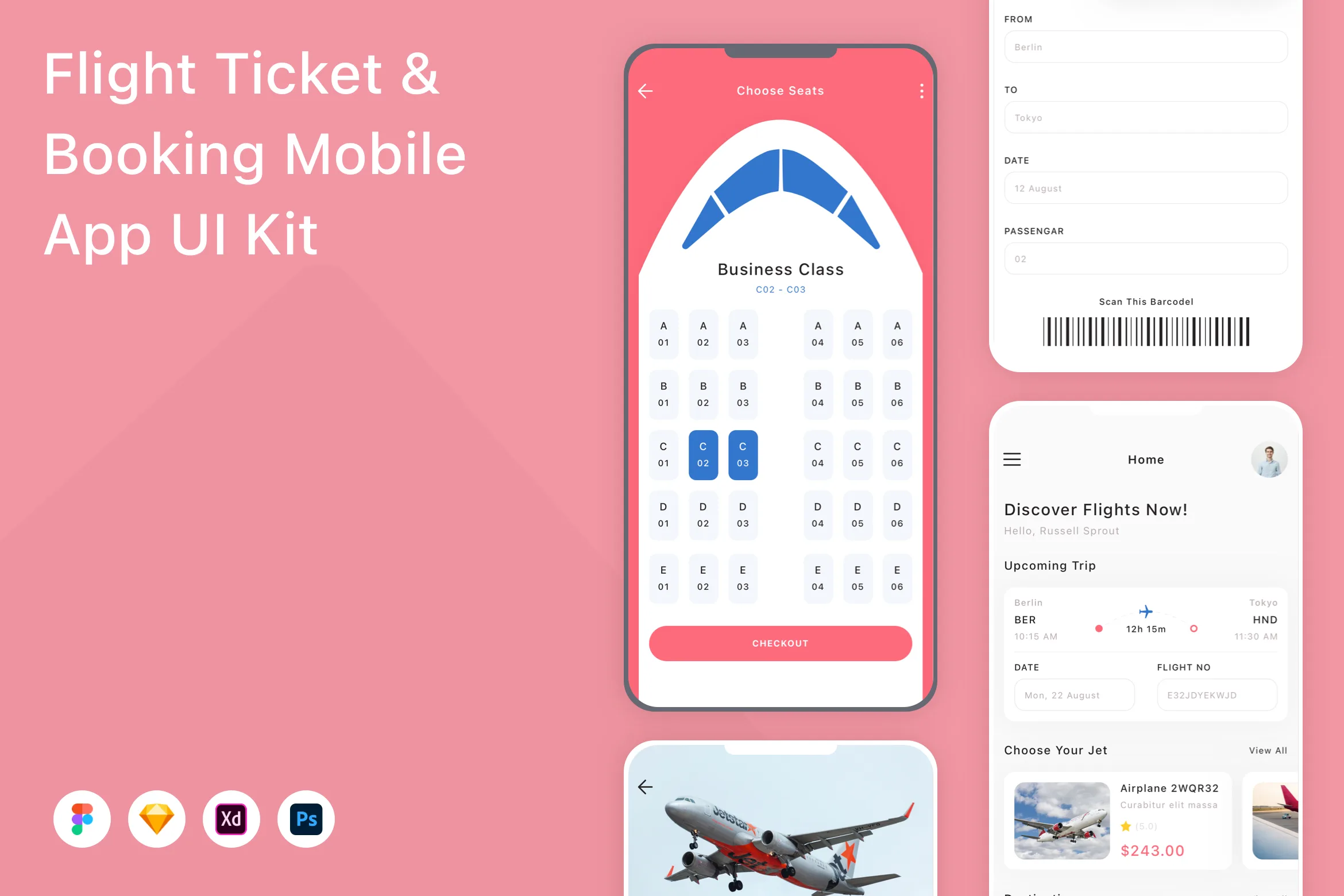 Flight Ticket & Booking Mobile App UI Kit for Figma, Sketch & XD ...