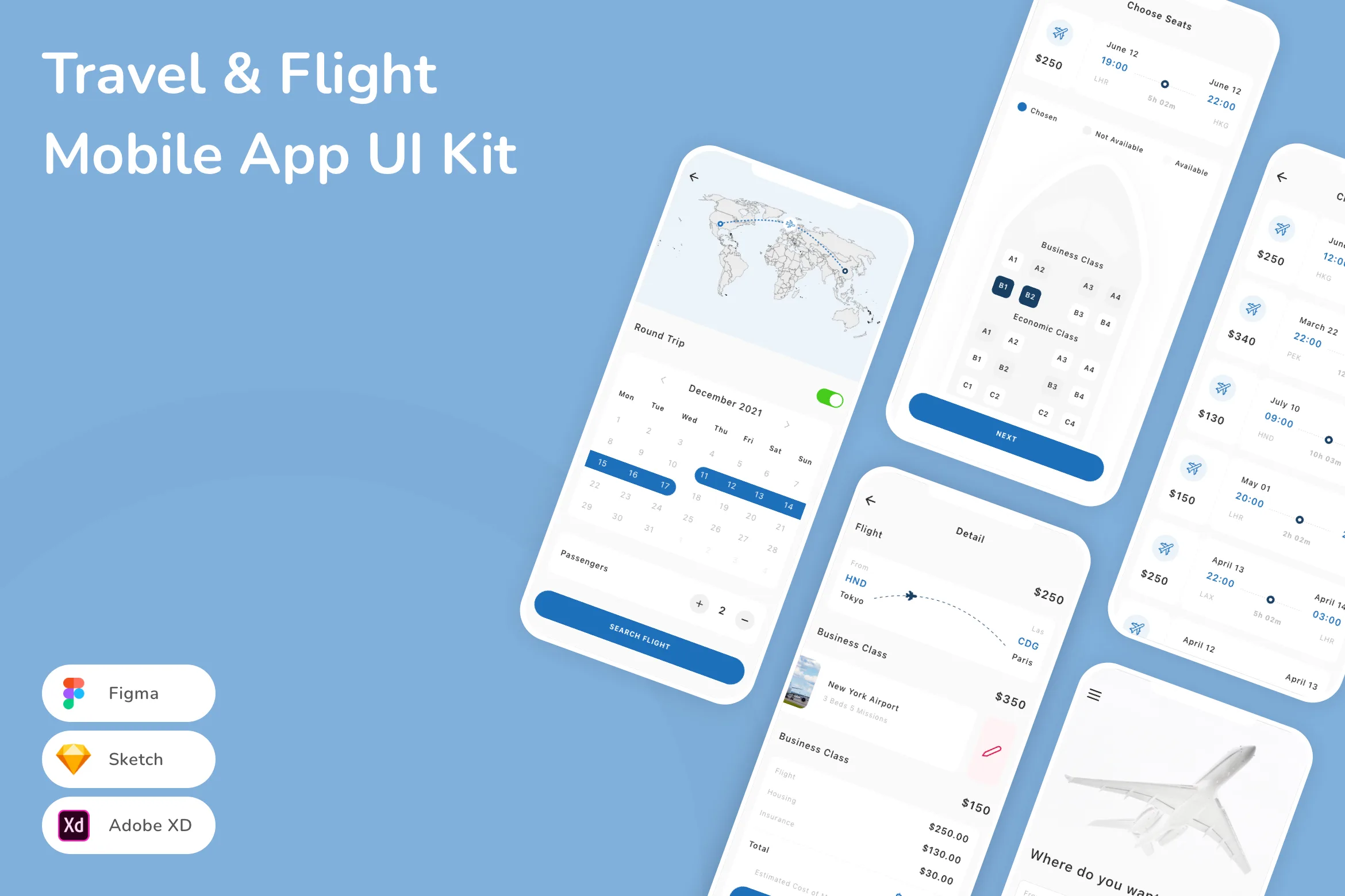 Travel & Flight Booking Mobile App UI Kit for Figma, Sketch & XD ...