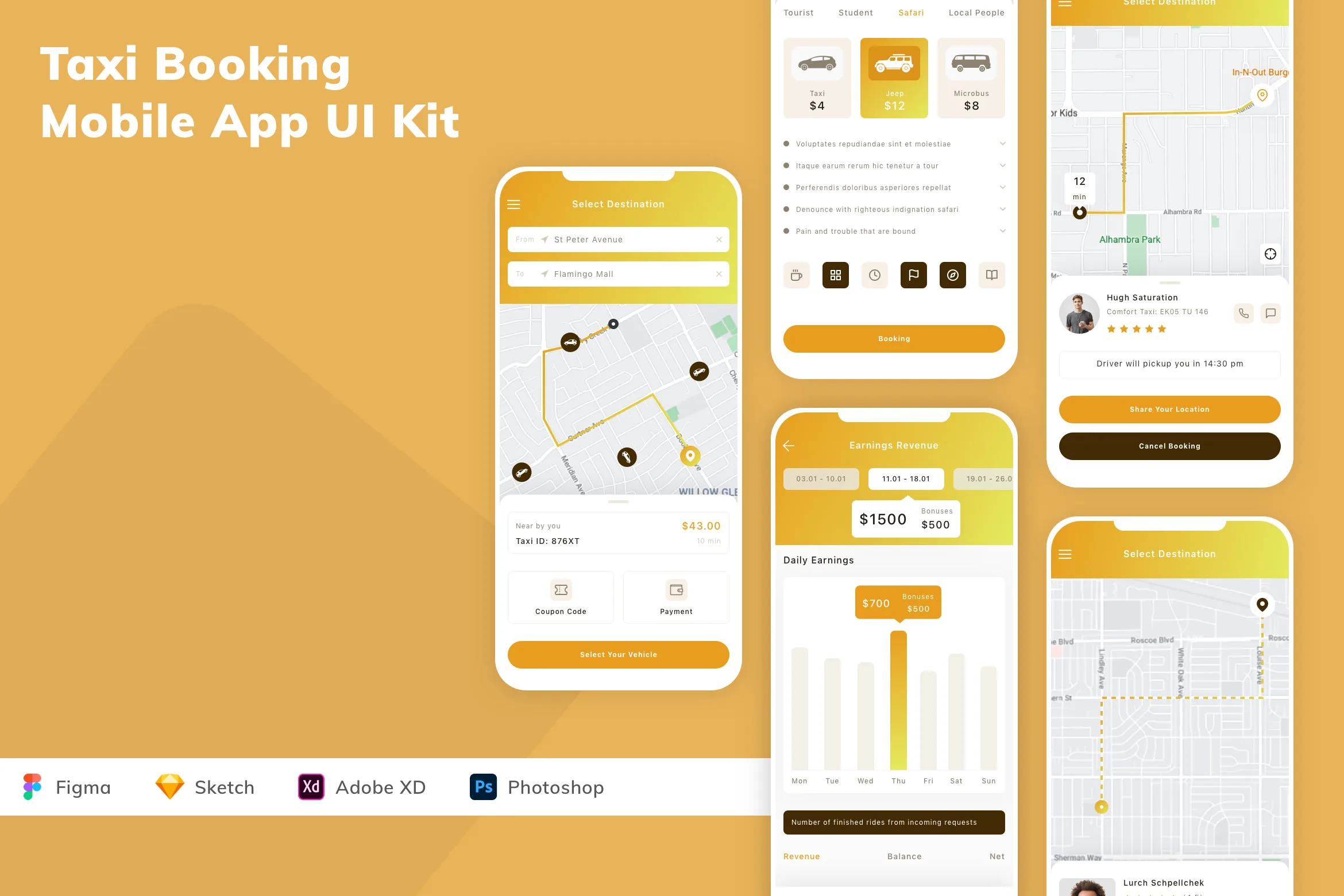 Taxi Booking Mobile App UI Kit for Figma, Sketch & XD | UIworkshop