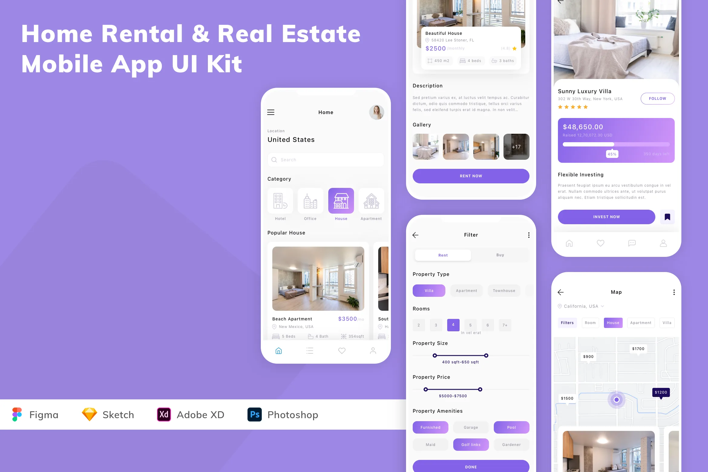 Home Rental & Real Estate Mobile App UI Kit for Figma, Sketch & XD ...
