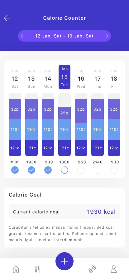 Calorie Counting Mobile App UI Kit for Figma, Sketch & XD | UIworkshop